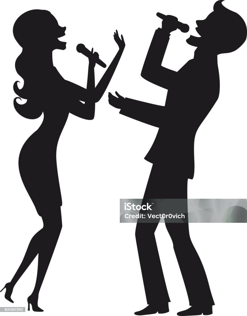 Elegant Couple Singing Karaoke On Stage Silhouette Vector Illustration