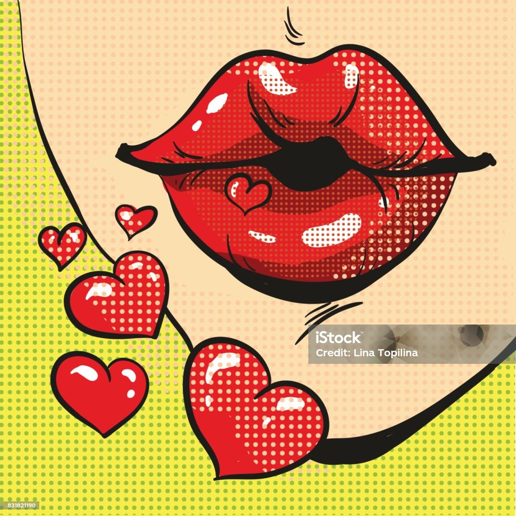 Woman Sending Heart Kisses Pop Art Comic Style Stock Illustration