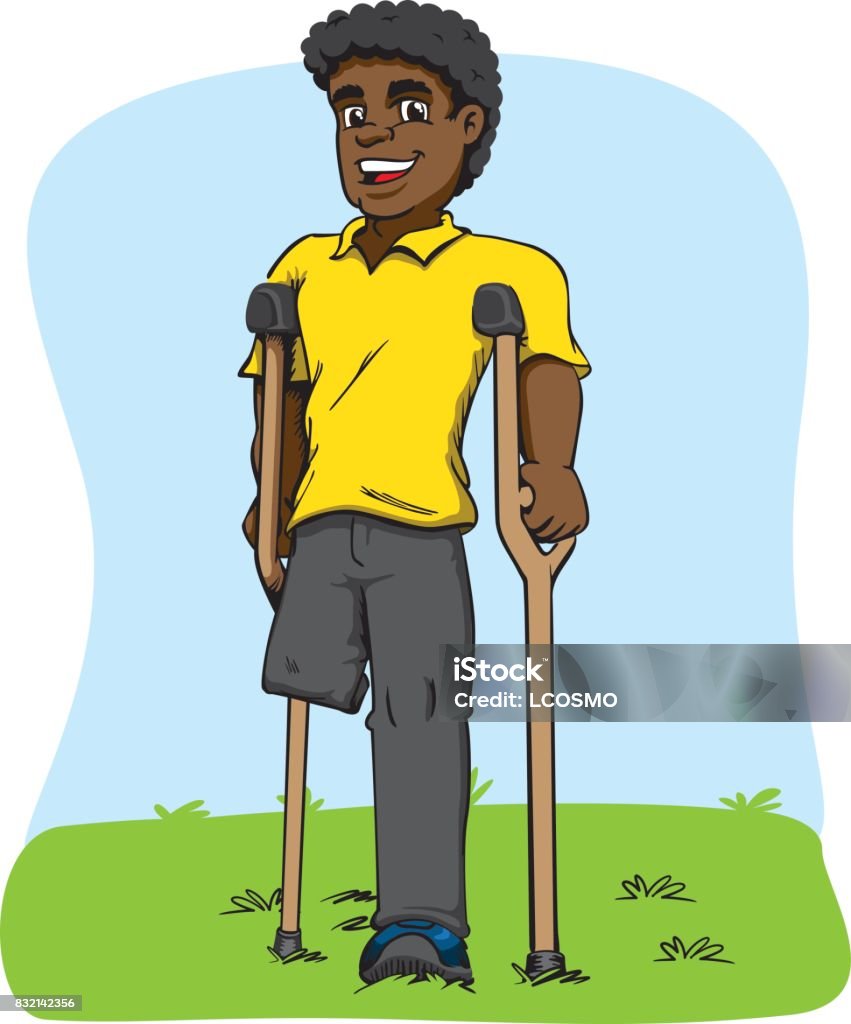 Illustrazione Di Mascotte Afrodiscendente Gambe Una Gamba E Stampelle Ideale Per Materiali