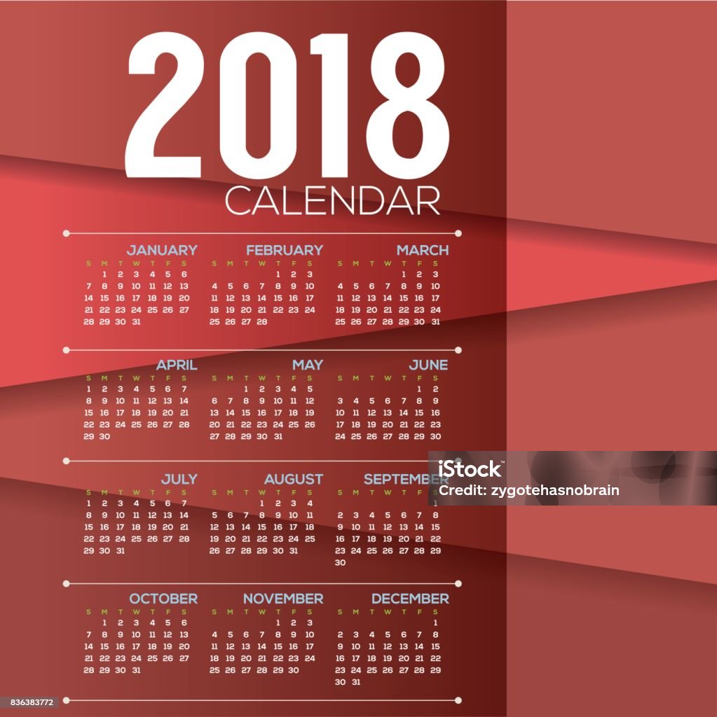 2018 붉은 현대 레이어 인쇄 달력 시작 일요일 벡터 일러스트 레이 션 0명에 대한 스톡 벡터 아트 및 기타 이미지 0명