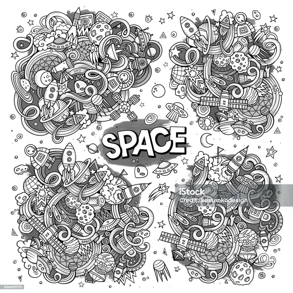 Sketsa Vektor Tangan Digambar Doodles Kartun Set Desain Ruang Angkasa