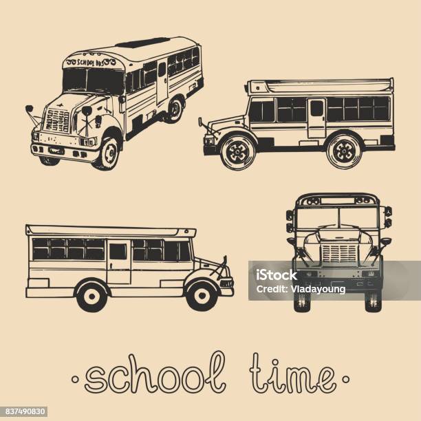 Vector Sertie Dautobus Scolaire Dessin De Main Main De Texte Écrite