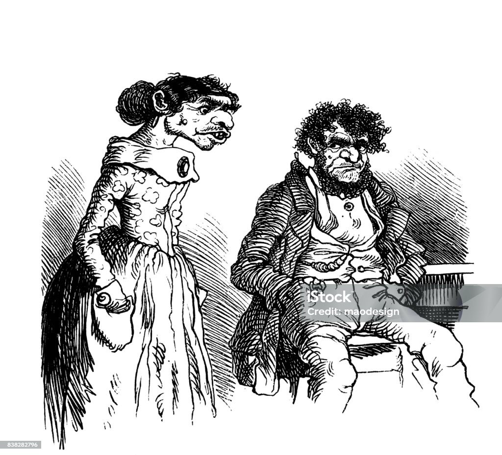 1867테이블에 앉아 사람에 게 말하는 여성 드레스 입은 털이 많은 남자 남자에 대한 스톡 벡터 아트 및 기타 이미지 남자