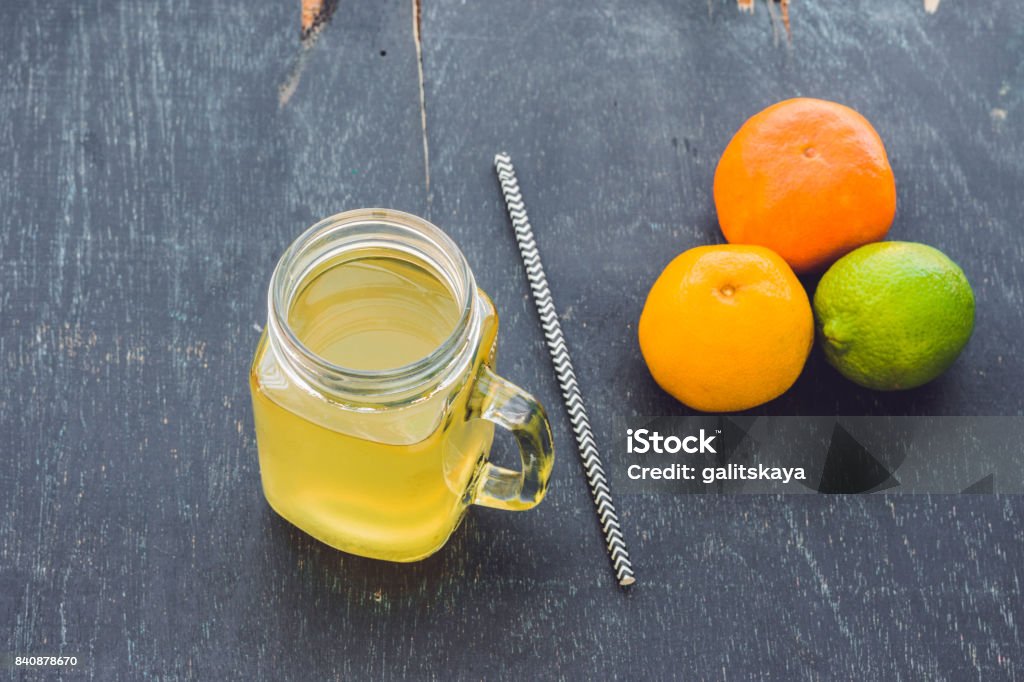 Homemade Fermented Raw Kombucha Tea Ready To Drink With Orange And Lime
