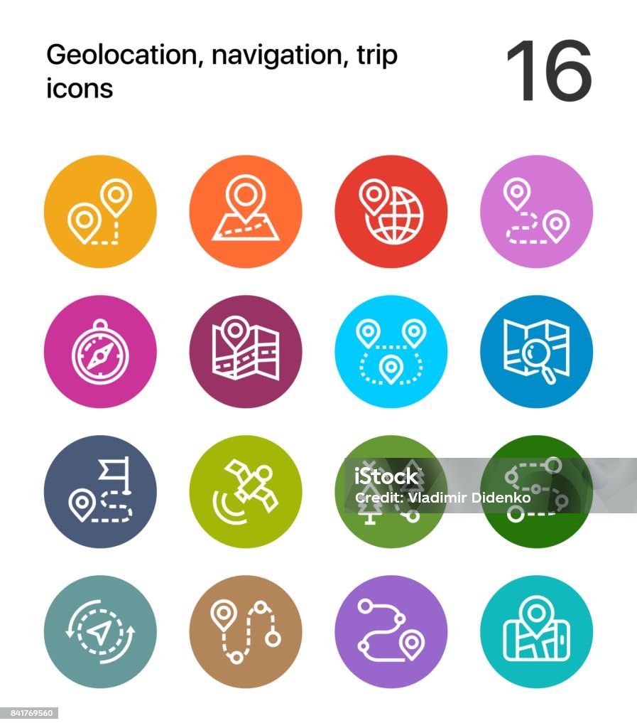 Colorful Geolocation Navigation Trip Icons For Web And Mobile Design Pack 1 Stock Illustration