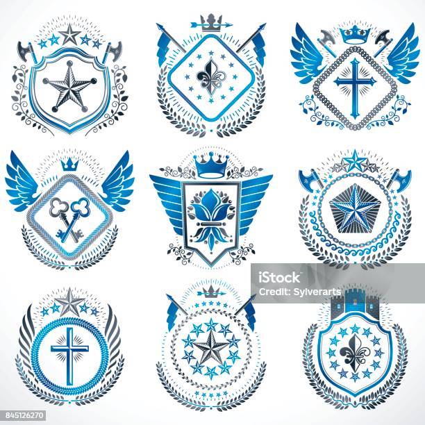 Heraldische Wappen Mit Flügeln Die Isoliert Auf Weißem Hintergrund
