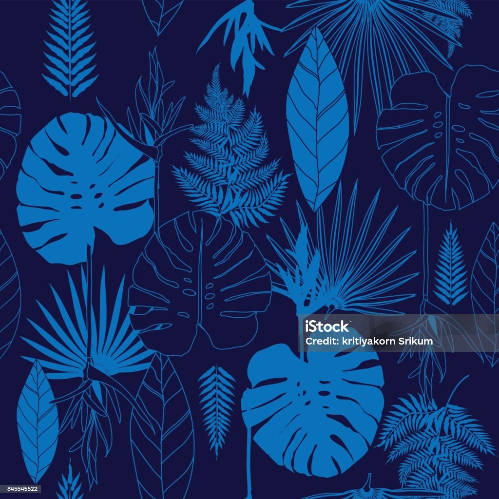 Summer Blue Tropical Palm Tree Leaves Seamless Pattern Stock