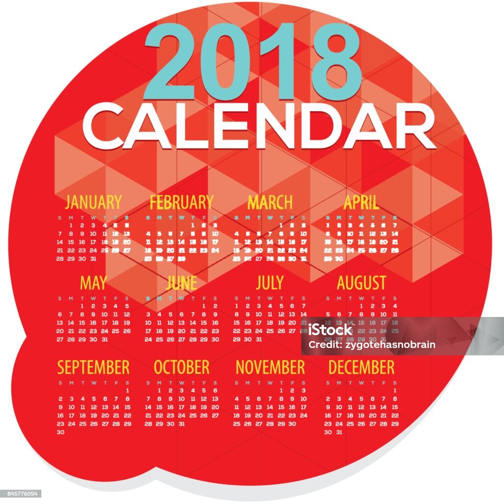 2018 붉은 기하학적 원형을 인쇄용 달력 시작 일요일 벡터 일러스트 레이 션 0명에 대한 스톡 벡터 아트 및 기타 이미지