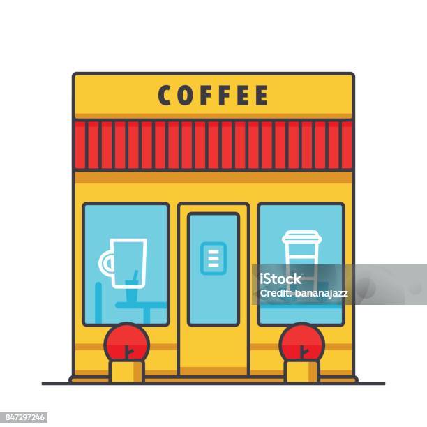 Bisnis Kopi Kafe Membangun Ilustrasi Garis Datar Ikon Terisolasi Vektor