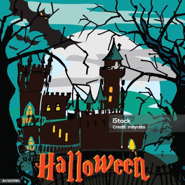 Kastil Tua Yang Terisolasi Dengan Burung Hantu Di Malam Hari Ilustrasi