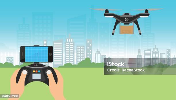 Konsep Pengiriman Drone Drone Membawa Kotak Kardus Dengan Remote
