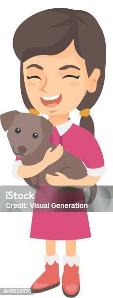 Bir Köpek Holding Beyaz Mutlu Kız Stok Vektör Sanatı And Animasyon