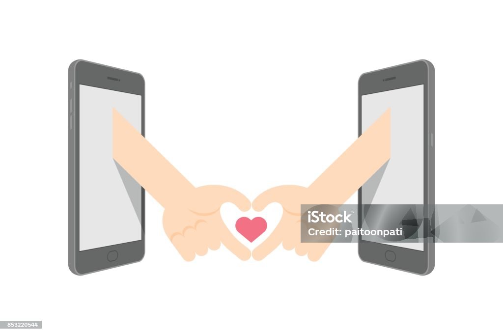 Hand Sign Language Heart Symbol Shape Between Two Smartphone Set Love Couple Concept Idea