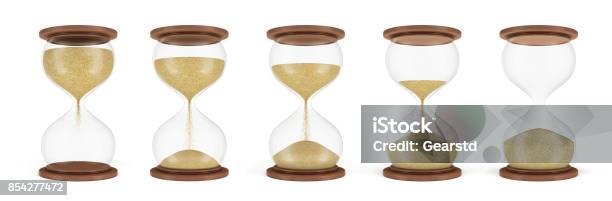 3d Rendering Of A Set Of Several Hourglasses Standing In One Row With The Sand In Different