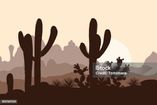 Saguaro 선인장 선인장 산에서 Agaves와 아침 풍경입니다 벡터 일러스트입니다 귀여운 갈색 팔레트 선인장에 대한 스톡