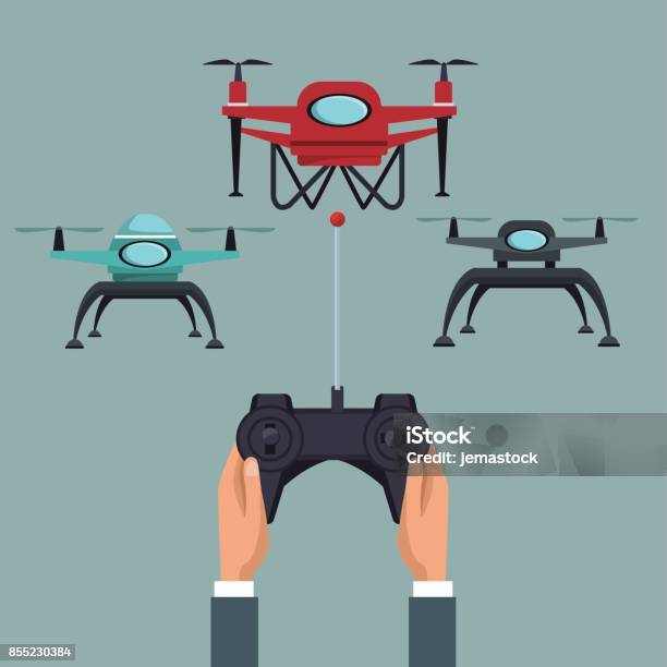Quadrocopters와 드 론의 안테나 사람들이 핸들 리모컨으로 색상 배경 Multicopter에 대한 스톡 벡터 아트 및