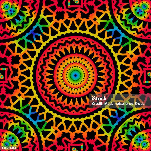 Psychodelic는 만다라 요소와 원활한 패턴 컬러 장식 벡터 일러스트 레이 션 강렬하고 밝은 색상에 대한 스톡 벡터 아트