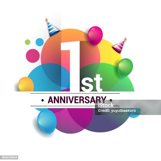 1 년 기념일 로고 벡터 디자인 생일 축 하와 함께 다채로운 형상 원형 및 풍선 흰색 배경에 고립 0명에 대한 스톡 벡터 아트