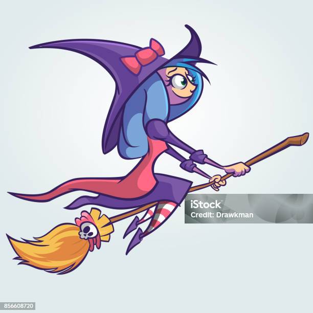 Halloween Penyihir Lucu Terbang Di Sapunya Ilustrasi Kartun Vektor