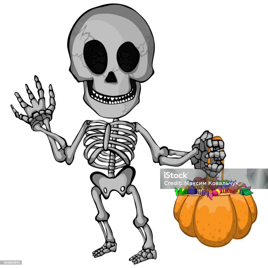 A Cartoon Vector Illustration Of A Happy Skeleton Going Trick Or Treat