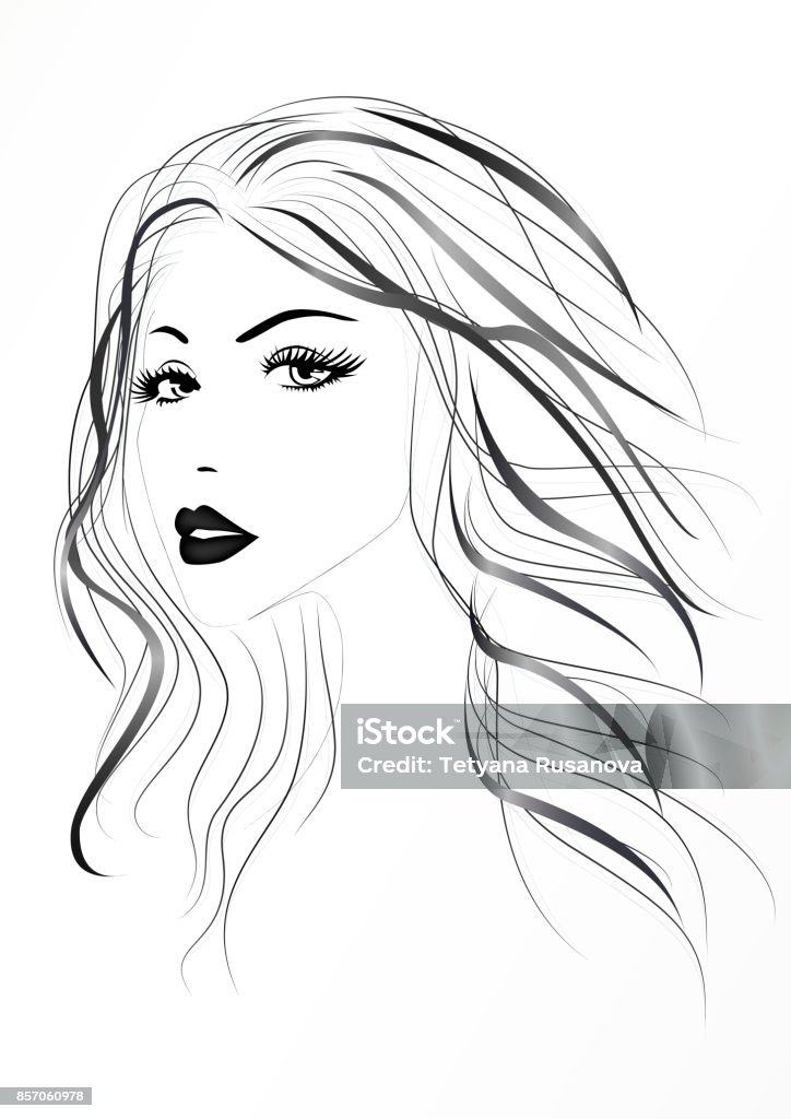 Wajah Wanita Cantik Dengan Rambut Bergelombang Panjang Ilustrasi Vektor
