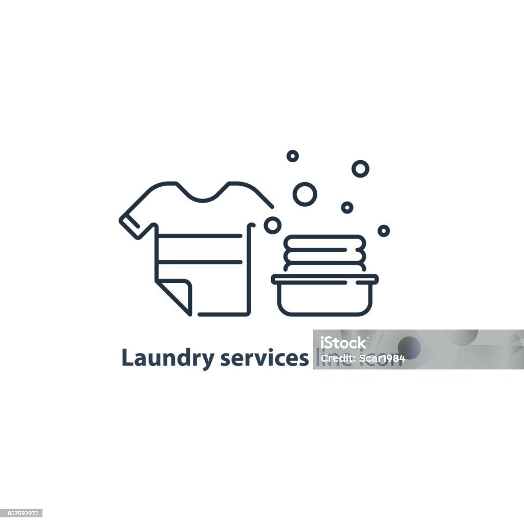 Washing Clothes Laundry Mono Line Icon Tshirt And Bucket Stock