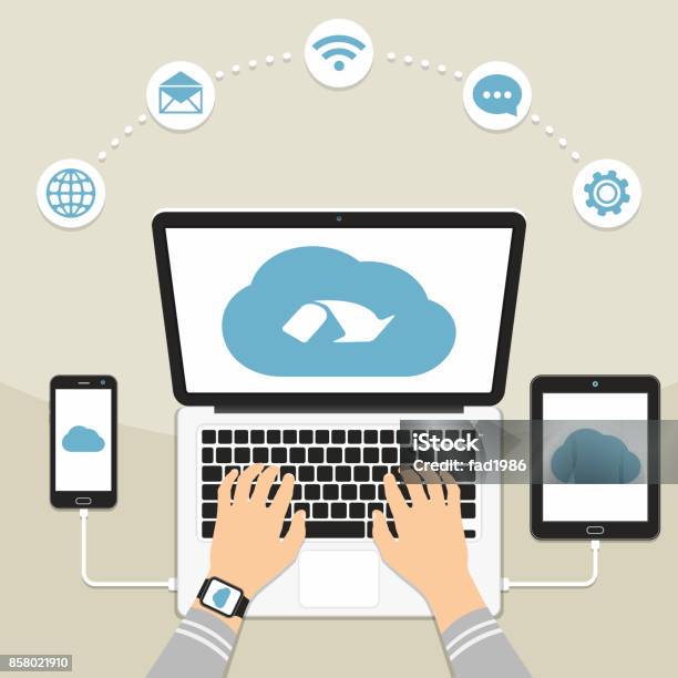 Desain Konsep Komputasi Awan Pria Menggunakan Laptop Dengan Perangkat