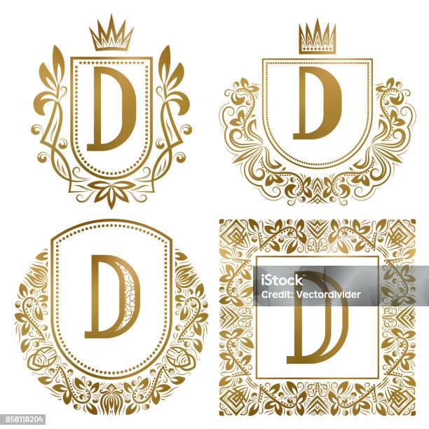 Ilustración De Conjunto Oro Vintage Monogramas Emblemas Heráldicos Con