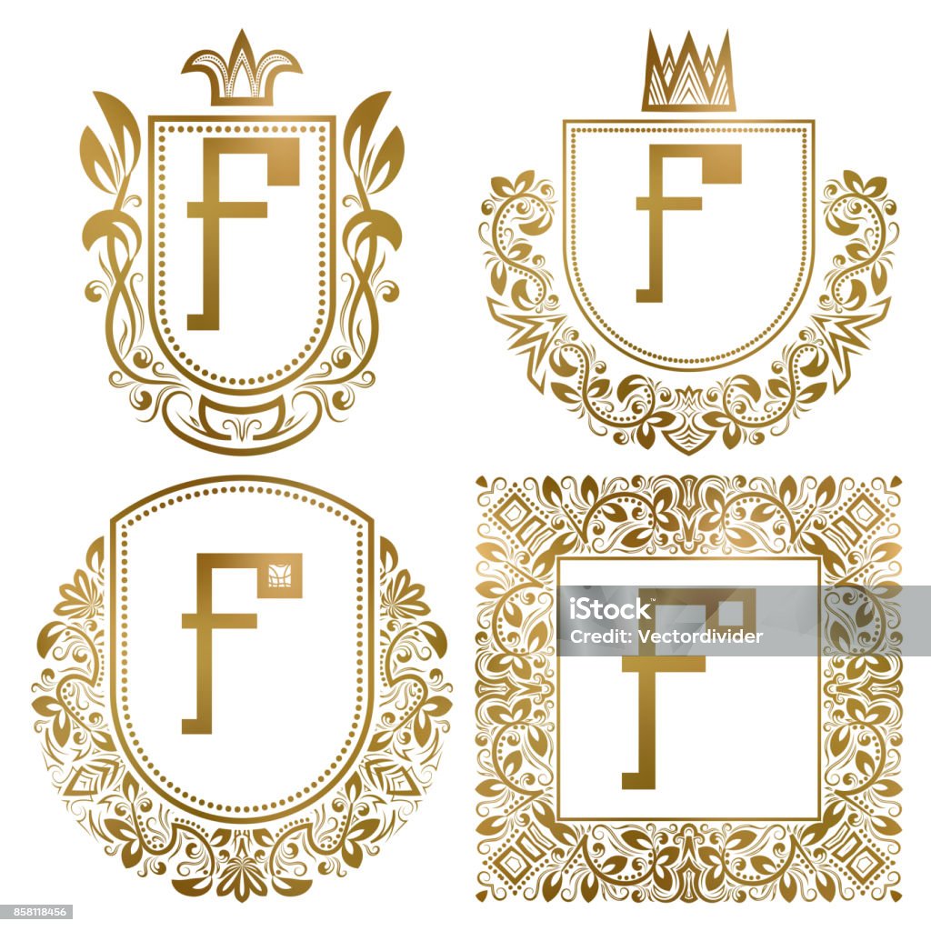 Ilustración De Conjunto Oro Vintage Monogramas Emblemas Heráldicos Con