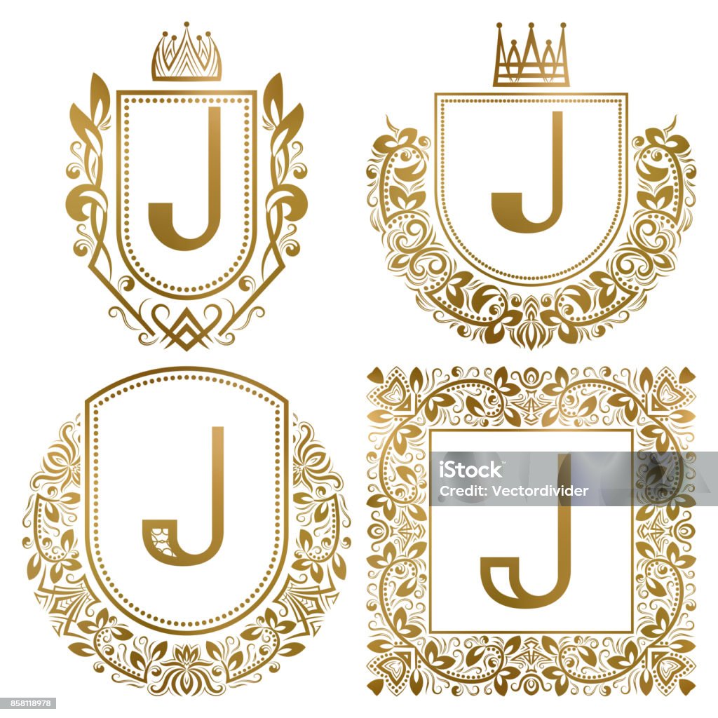 Ilustración De Conjunto Oro Vintage Monogramas Emblemas Heráldicos Con