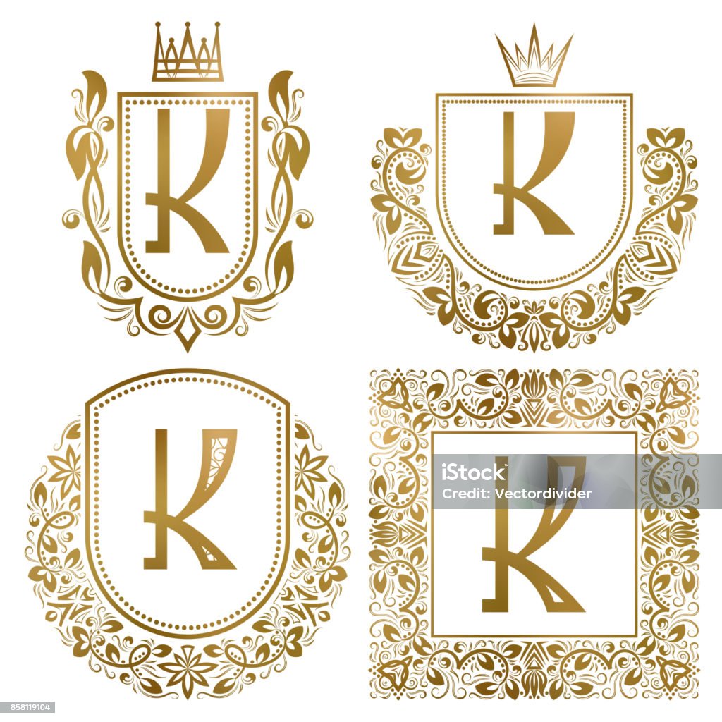 Ilustración De Conjunto Oro Vintage Monogramas Emblemas Heráldicos Con