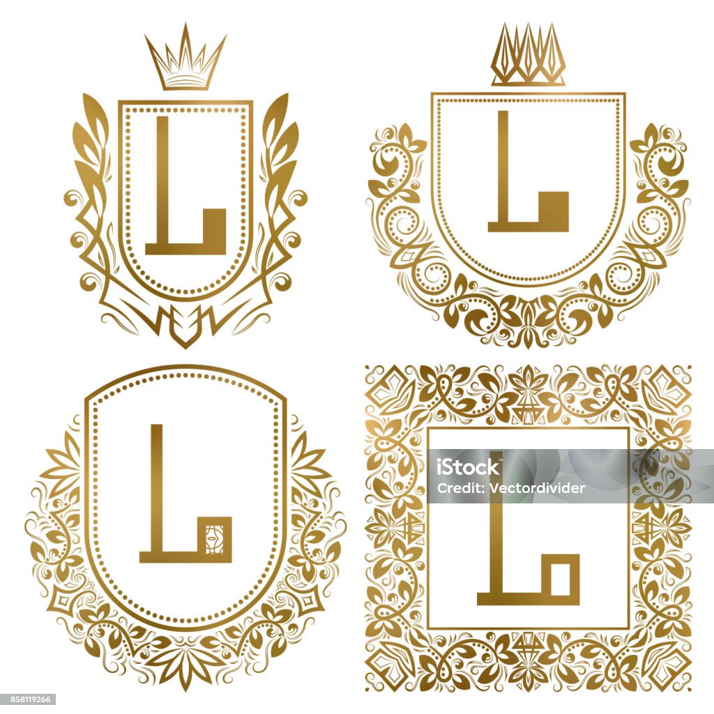 Ilustración De Conjunto Oro Vintage Monogramas Emblemas Heráldicos Con