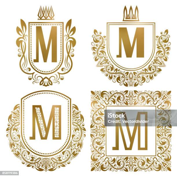 Ilustración De Conjunto Oro Vintage Monogramas Emblemas Heráldicos Con