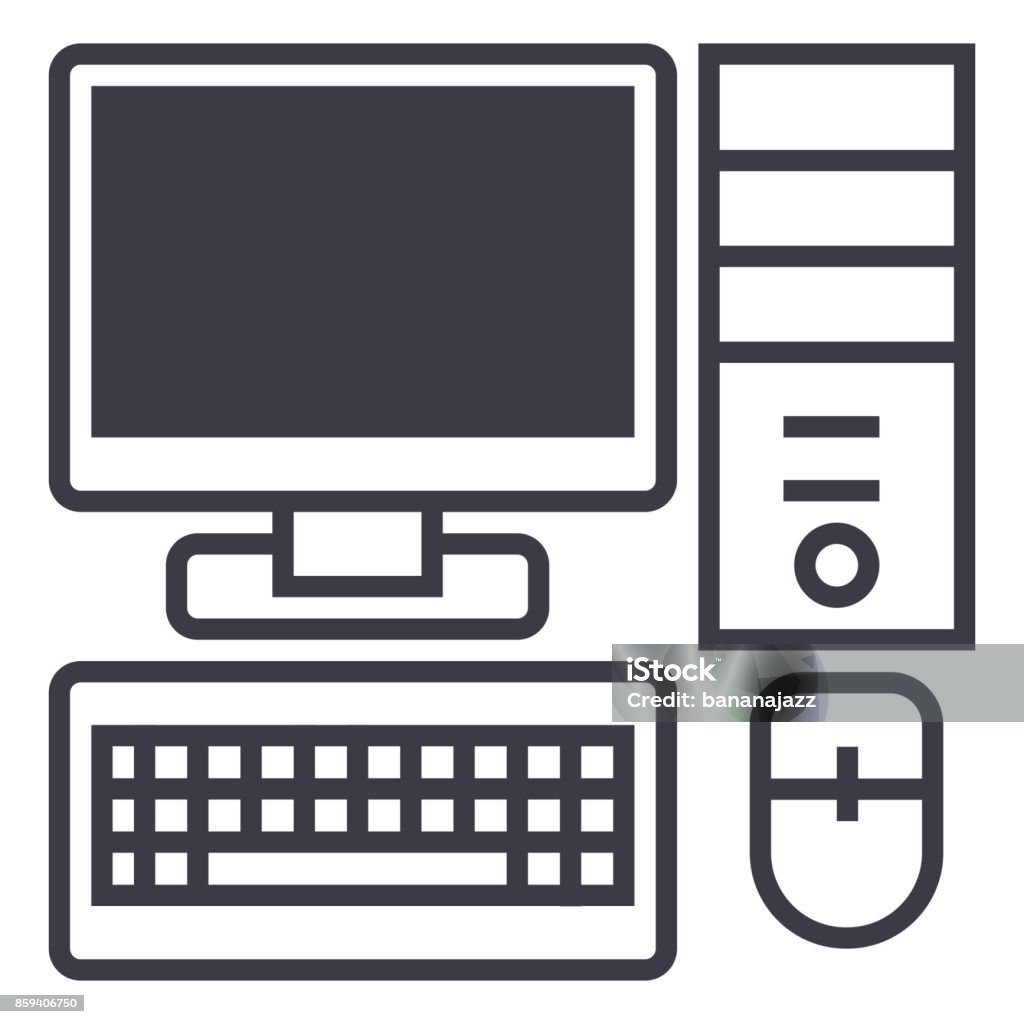 Personal Computer Monitor Keyboard Mouse System Block Vector Line Icon