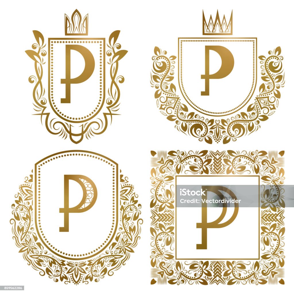 Vetores De Conjunto De Monogramas Vintage Douradas Emblemas Heráldicas