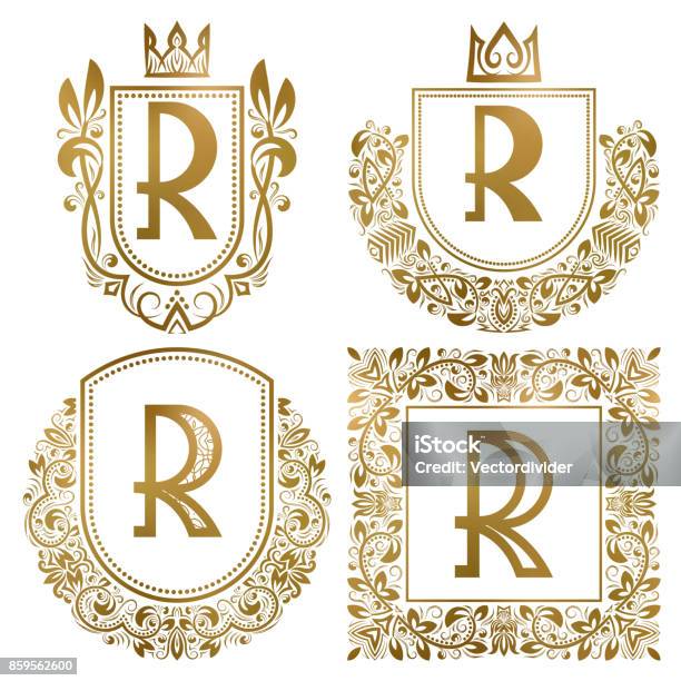 Ilustración De Conjunto Oro Vintage Monogramas Emblemas Heráldicos Con
