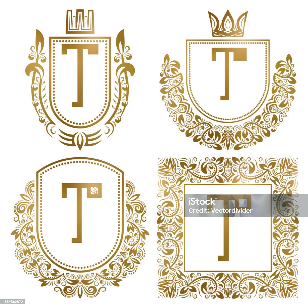 Ilustración De Conjunto Oro Vintage Monogramas Emblemas Heráldicos Con