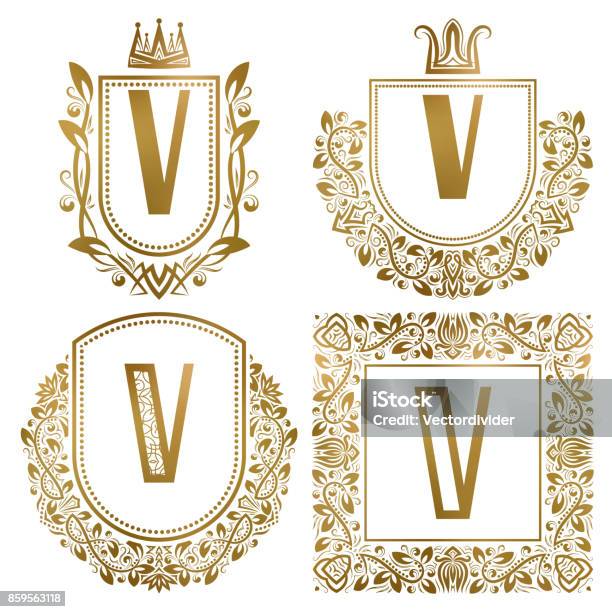 Ilustración De Conjunto Oro Vintage Monogramas Emblemas Heráldicos Con