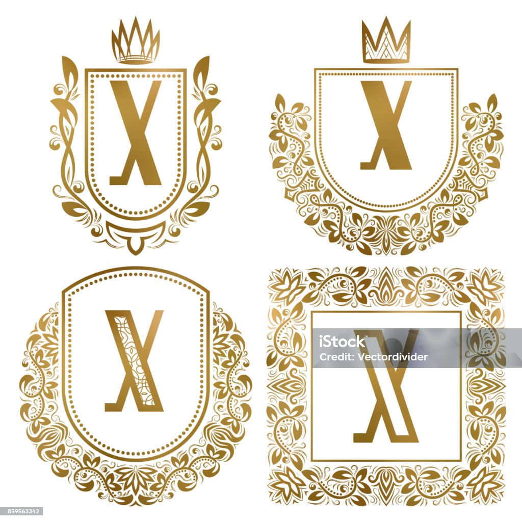 Ilustración De Conjunto Oro Vintage Monogramas Emblemas Heráldicos Con