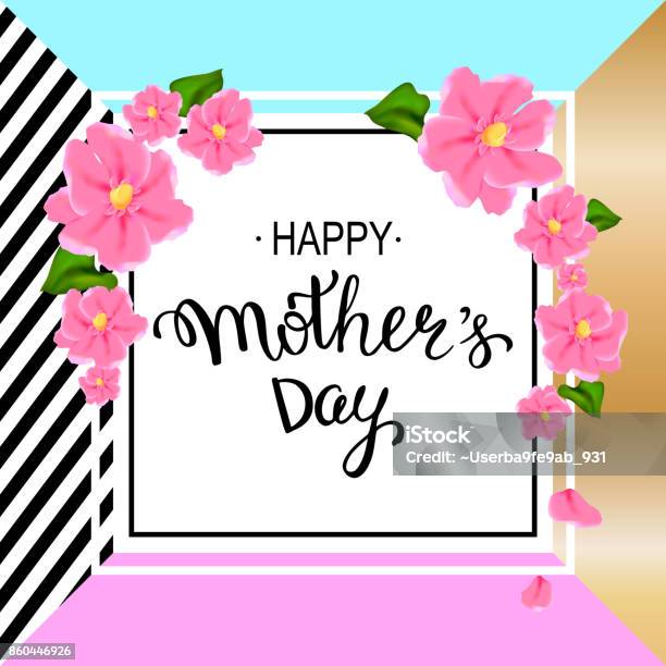 Happy Mothers Day Layout Design With Pink Flowers Hand Lettering