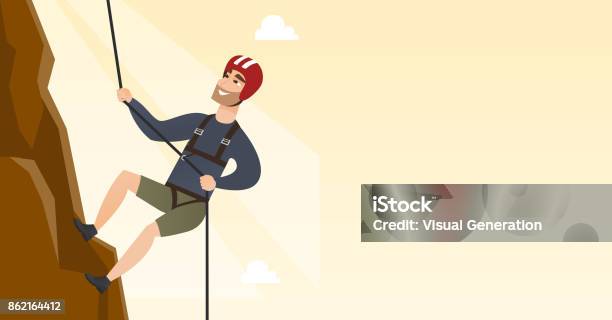 Pria Muda Kaukasia Mendaki Gunung Dengan Tali Ilustrasi Stok Unduh