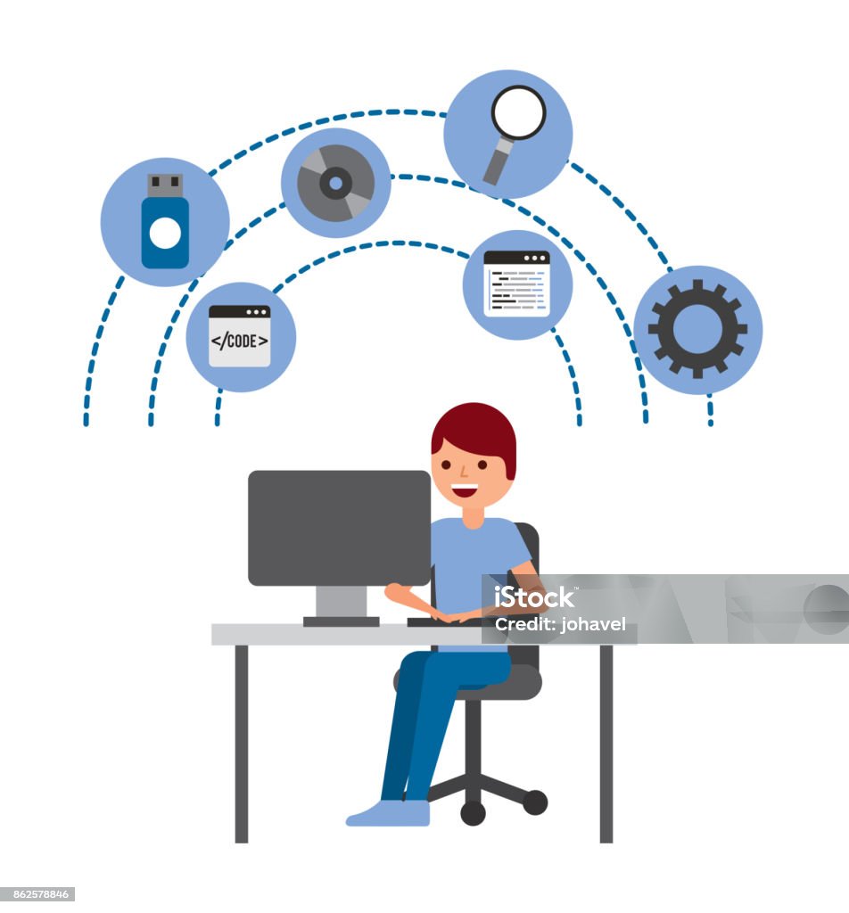 Man Programmer Working On His Pc Computer Coding And Programming Stock