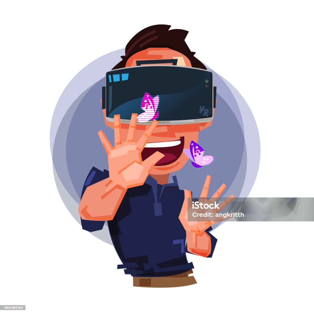 Pria Pintar Bersemangat Mengenakan Headset Vr Beraksi Dengan Kupukupu