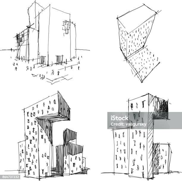 Ilustración De Cuatro Bocetos Arquitectónicos De Una Arquitectura