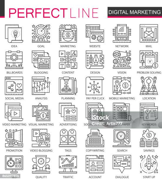 Digital Marketing Menguraikan Simbol Konsep Mini Ilustrasi Gaya Linier