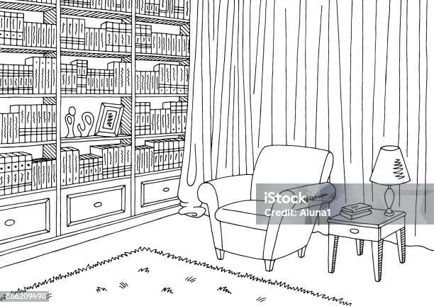 Ruang Perpustakaan Grafis Hitam Putih Interior Sketsa Ilustrasi Vektor