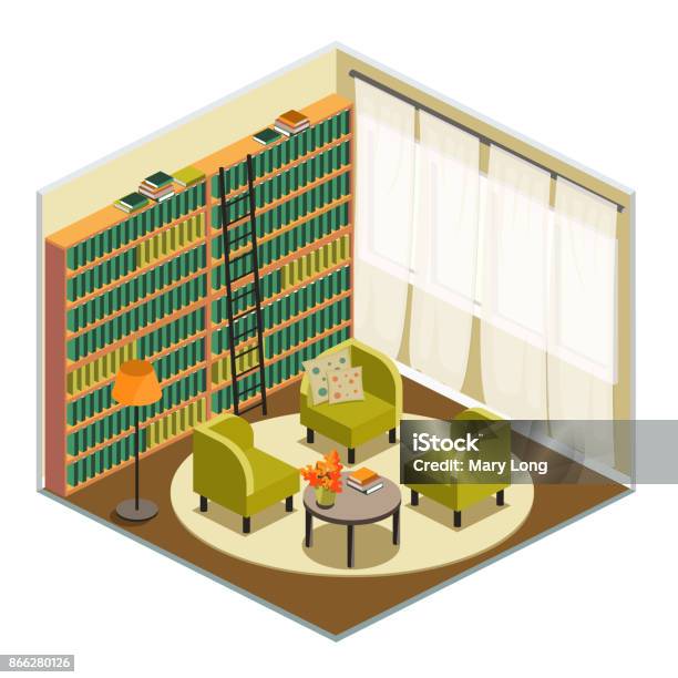 Perpustakaan Pribadi Kamar Dalam Tampilan Isometrik Ilustrasi Vektor