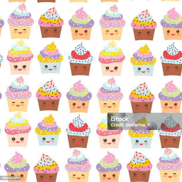 Pola Mulus Cupcake Kawaii Moncong Lucu Dengan Pipi Merah Muda Dan Mata