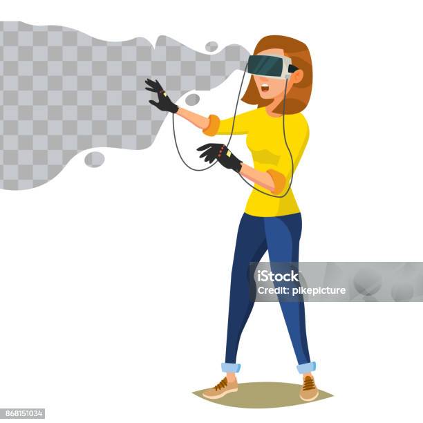 3d 현실 시뮬레이션 벡터입니다 가상 현실 장치를 입고 좋은 시간을 보내고 Vr 장치를 즐기고 있다 새로운 가상 기술입니다 만화