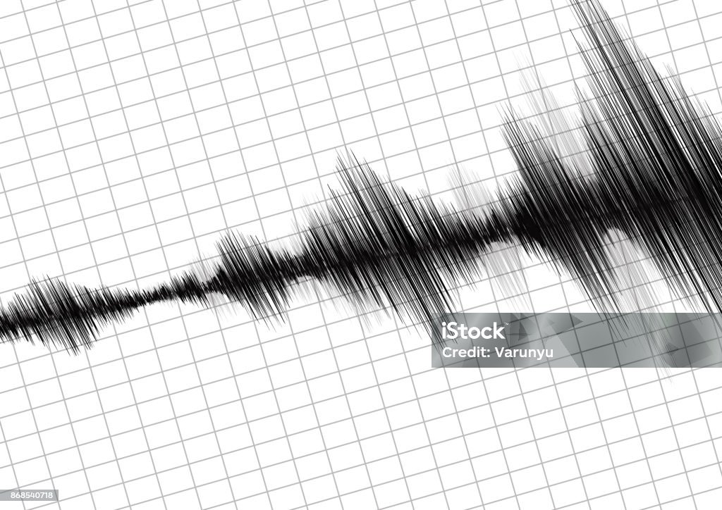 Bagan Seismograf Grafik Gempa Bumi Pada Perbaikan Kertas Konsep Gelombang Audio Stereo Miring
